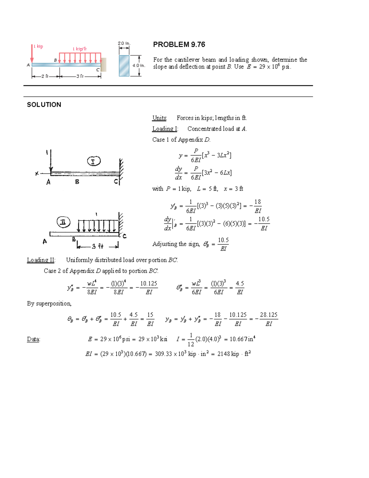 HW 20 - Homework set 20 Solutions - PROBLEM 9 2 in. 1 kip 1 kip/ft B A ...