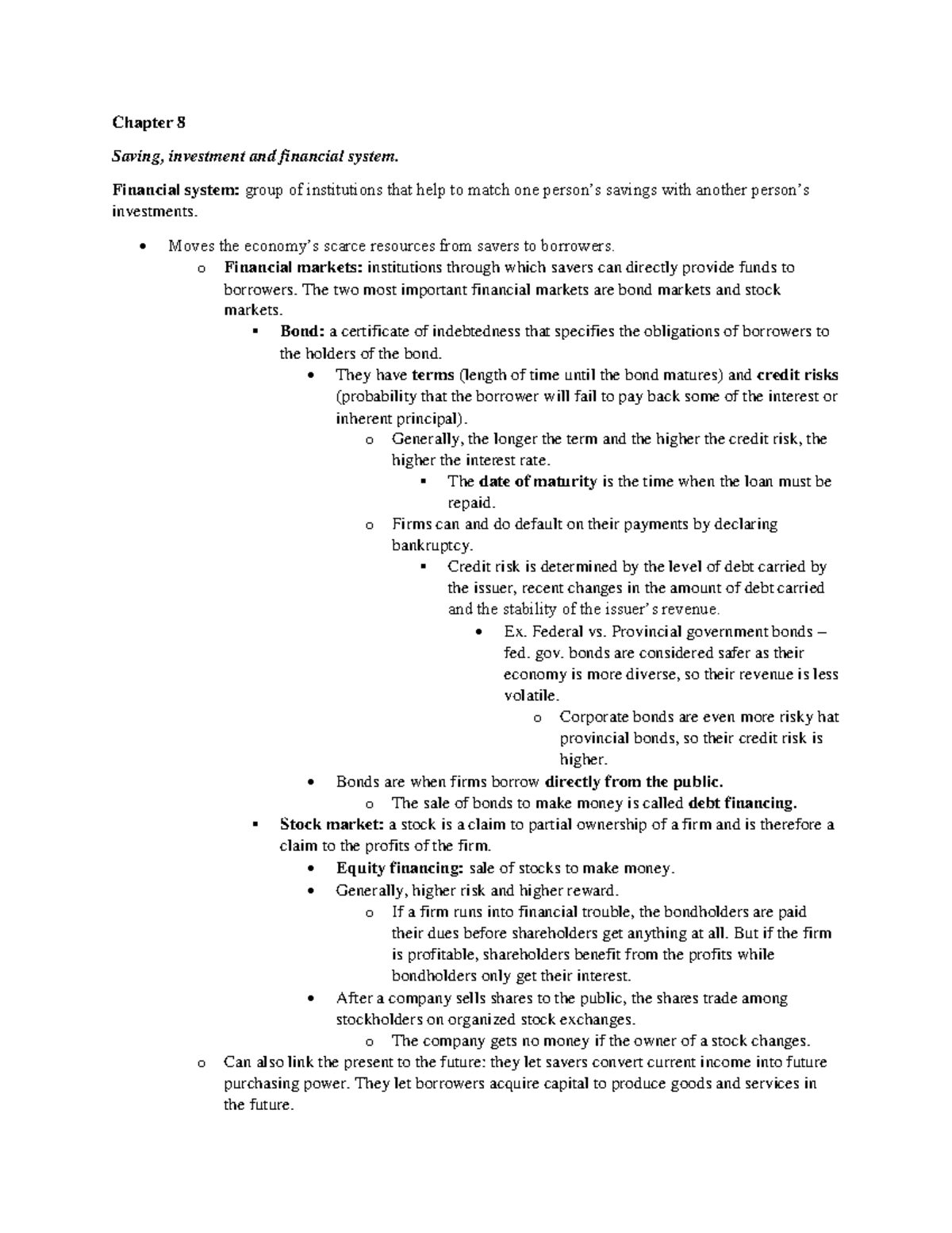 Macroeconomics Chapter 8 - Chapter 8 Saving, investment and financial ...