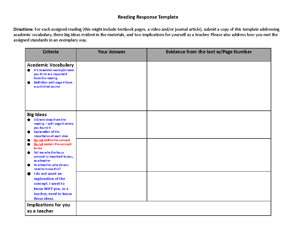 RR Template(17) - assignment - Reading Response Template Directions ...
