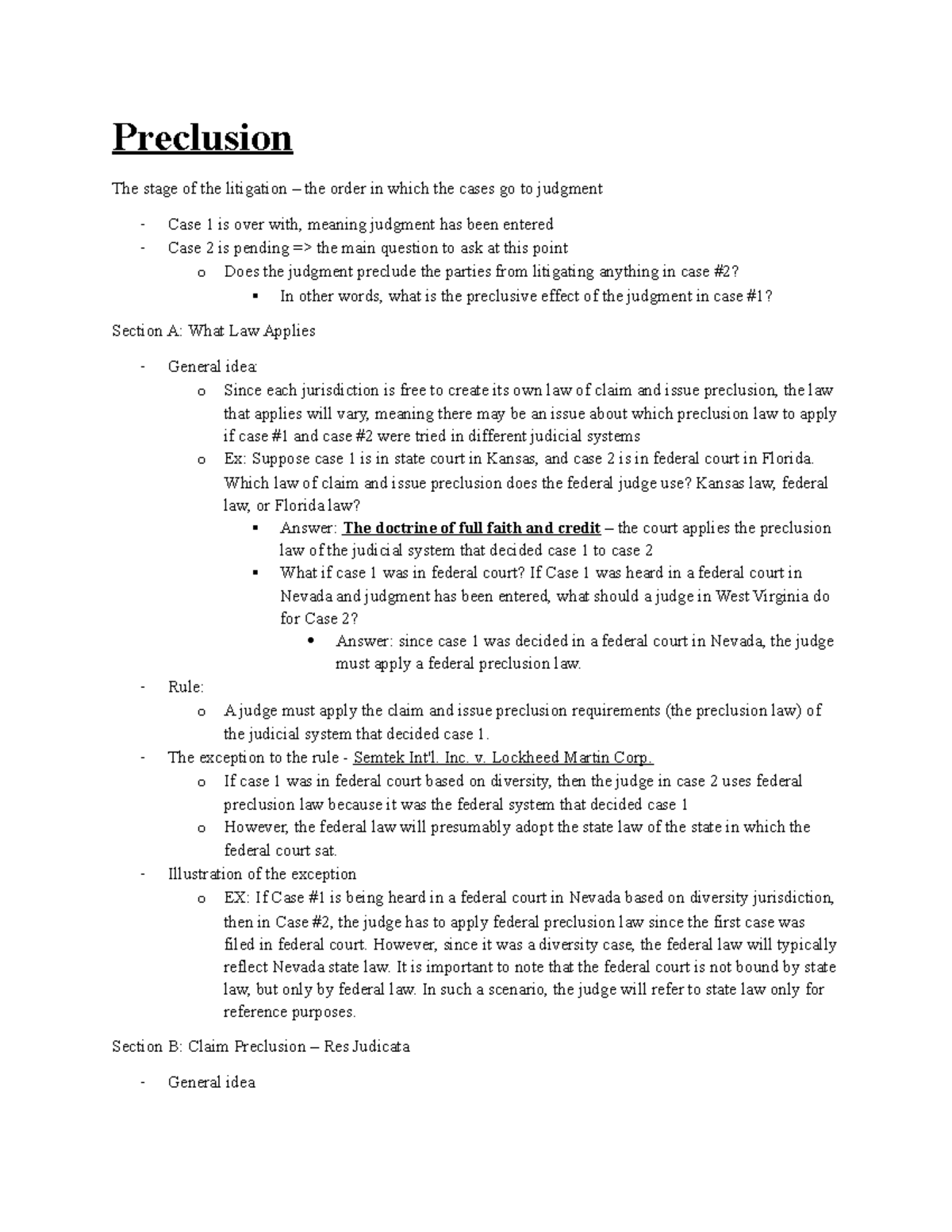Preclusion notes - Preclusion The stage of the litigation – the order ...