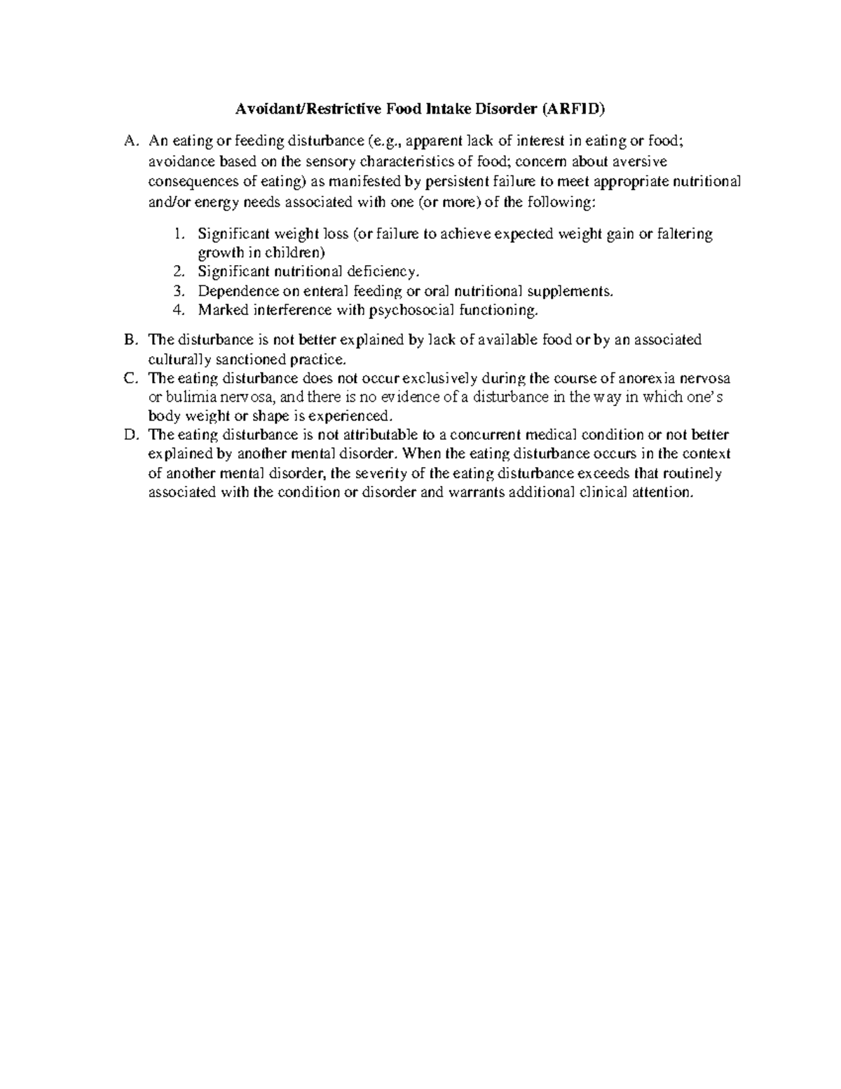 Arfid DSM 5 Handout - Avoidant/Restrictive Food Intake Disorder (ARFID ...