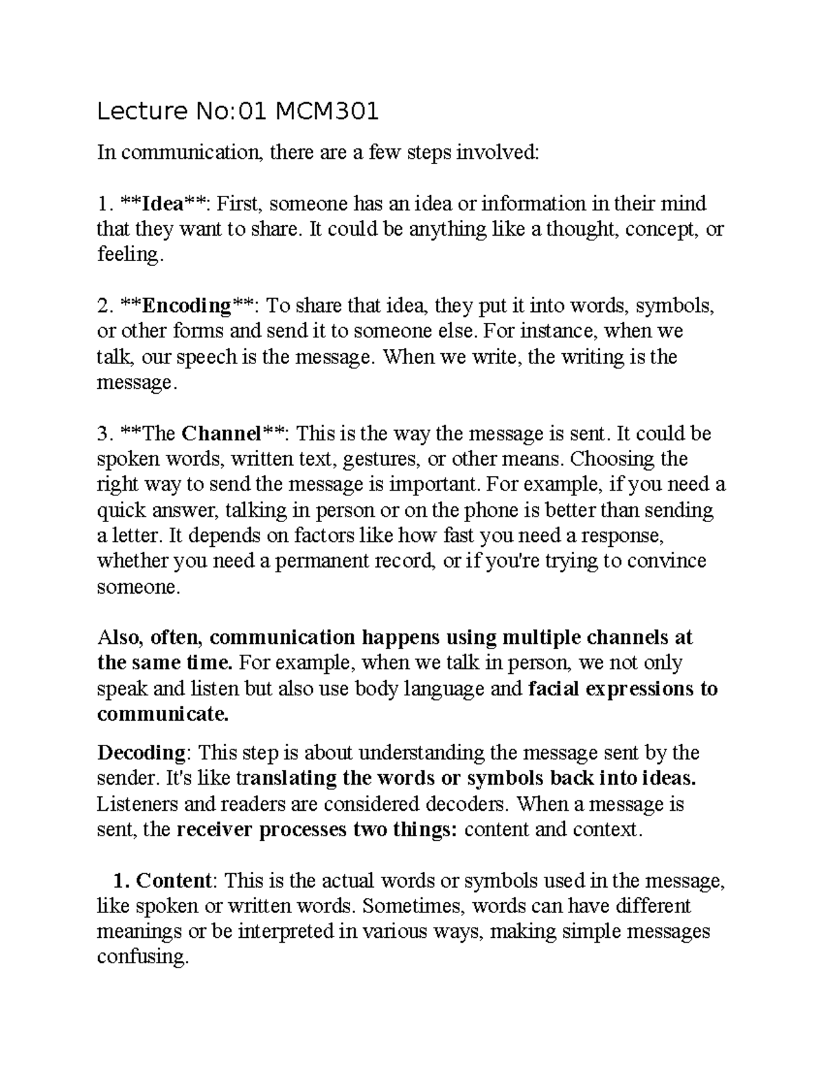 Lecture 1 - Lecture No:01 MCM In communication, there are a few steps involved: Idea: First ...