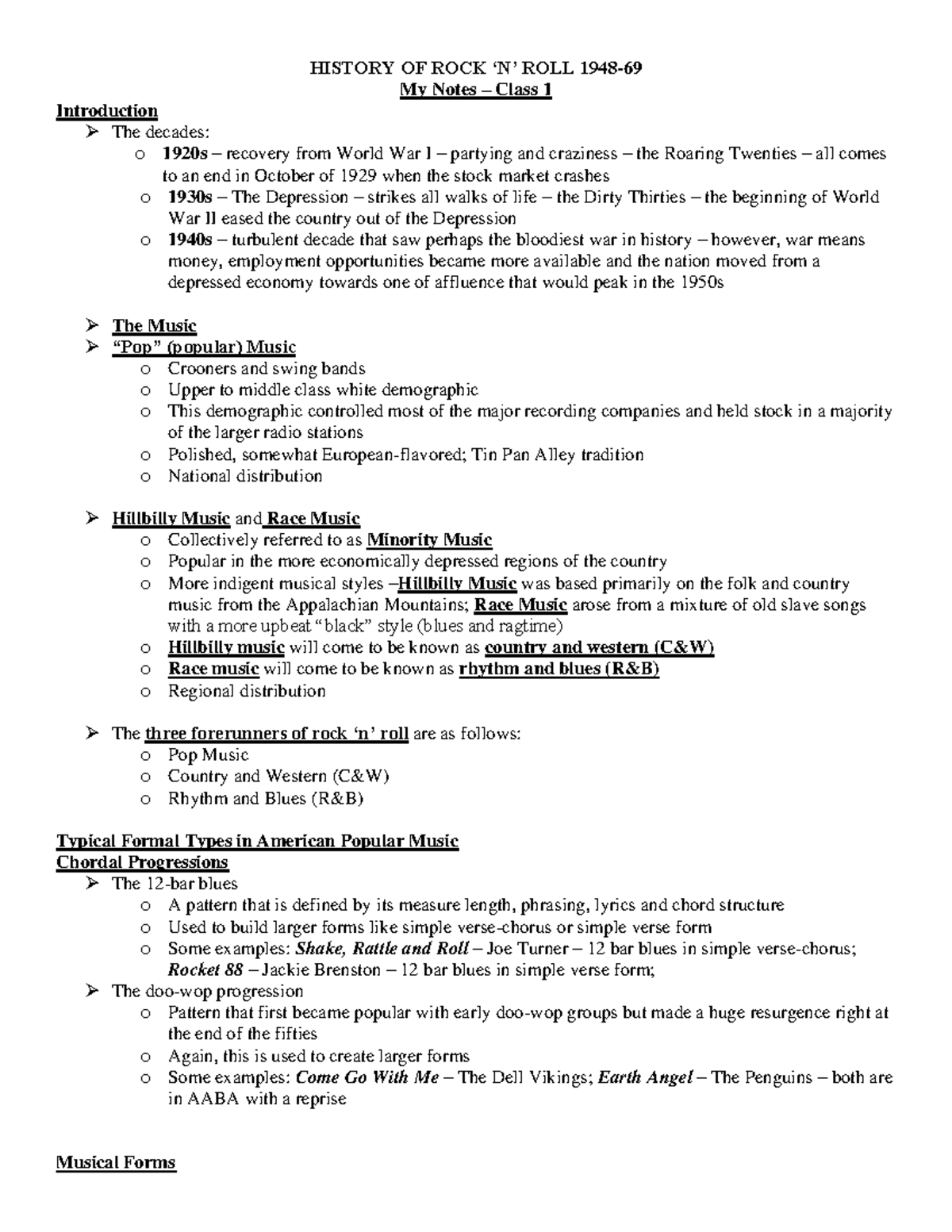 Exam 1 Notes - HISTORY OF ROCK ‘N’ ROLL 1948- 69 My Notes – Class 1 ...