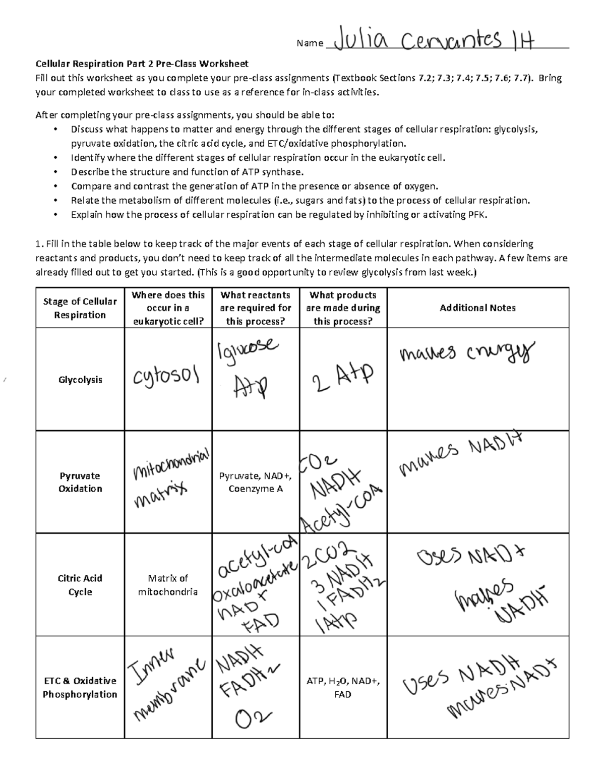Week 4a Pre-Class Reading Guide - Cellular Respiration Part 2 - Name ...
