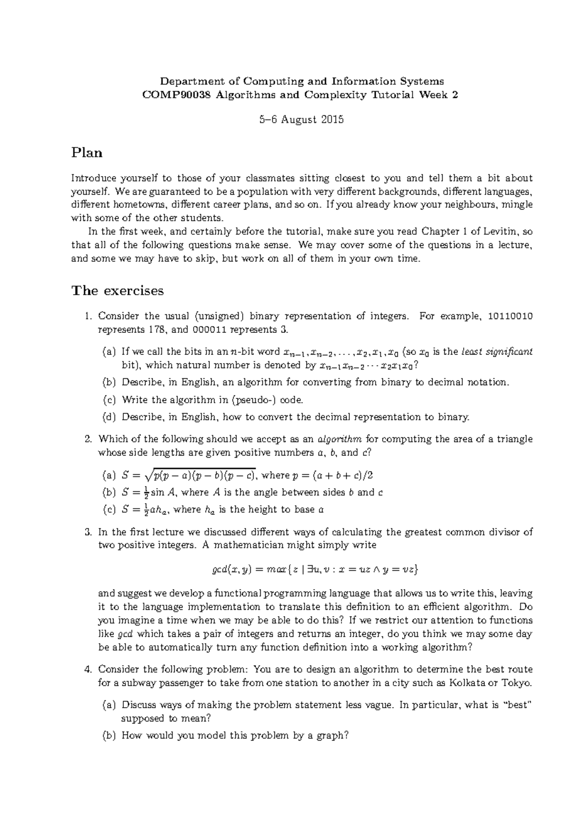 Tutorial work - week 2-12 - Department of Computing and Information Systems COMP90038 Algorithms ...