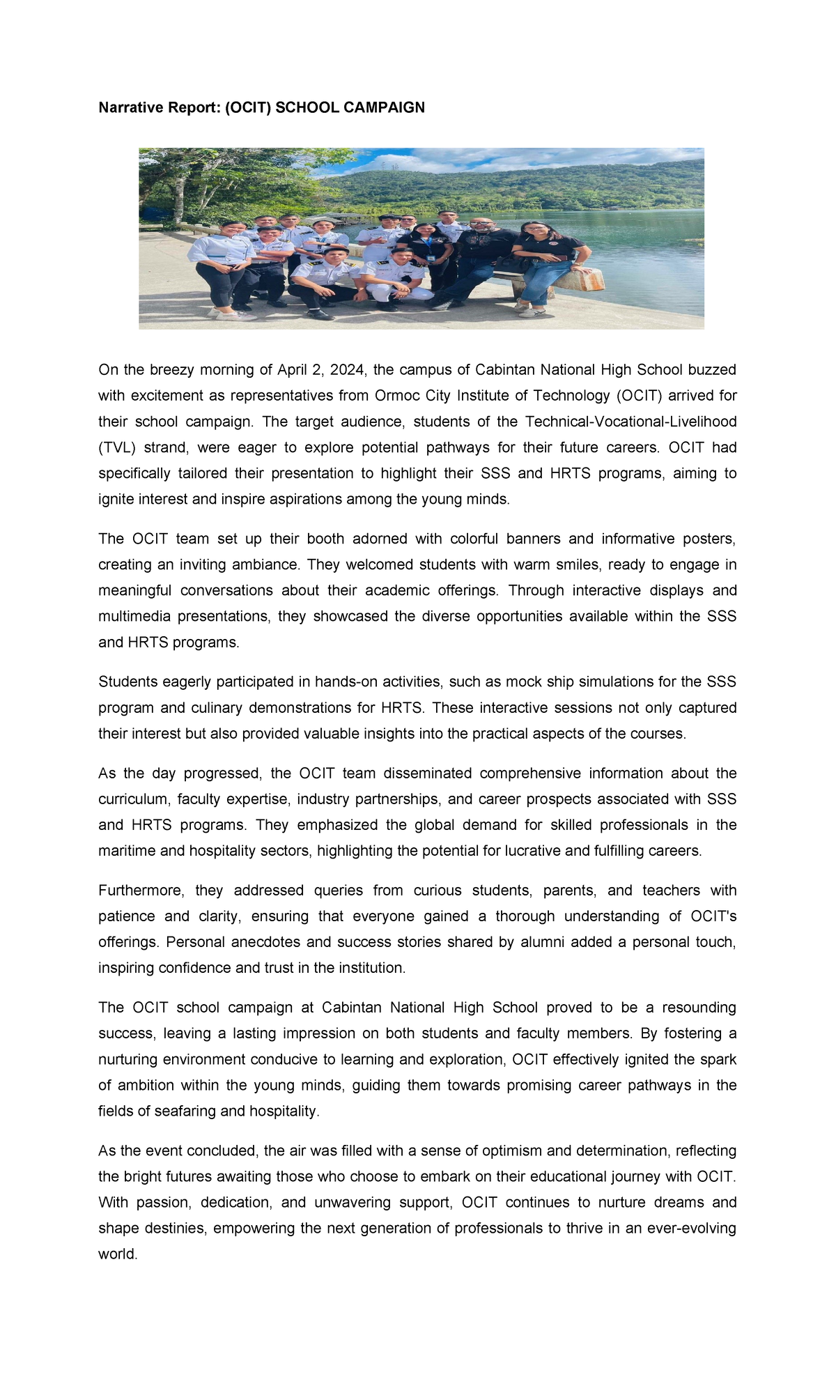Narrative-Repor-69 - Jzjja - Narrative Report: (OCIT) SCHOOL CAMPAIGN ...