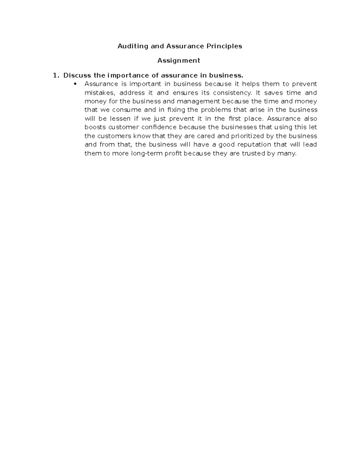 Auditing and Assurance Principles Assignment 1 - Auditing and Assurance ...