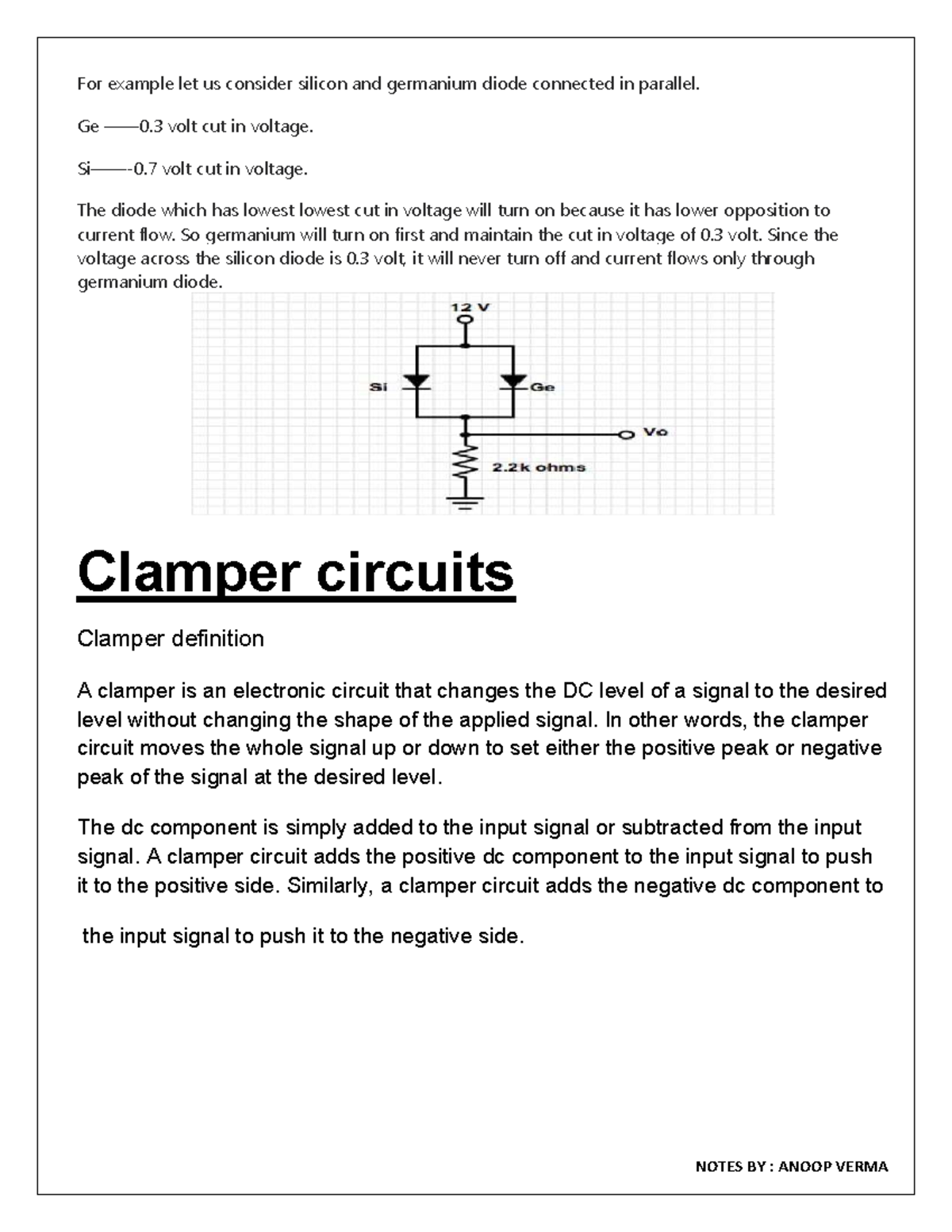 Clamper Notes - For example let us consider silicon and germanium diode ...