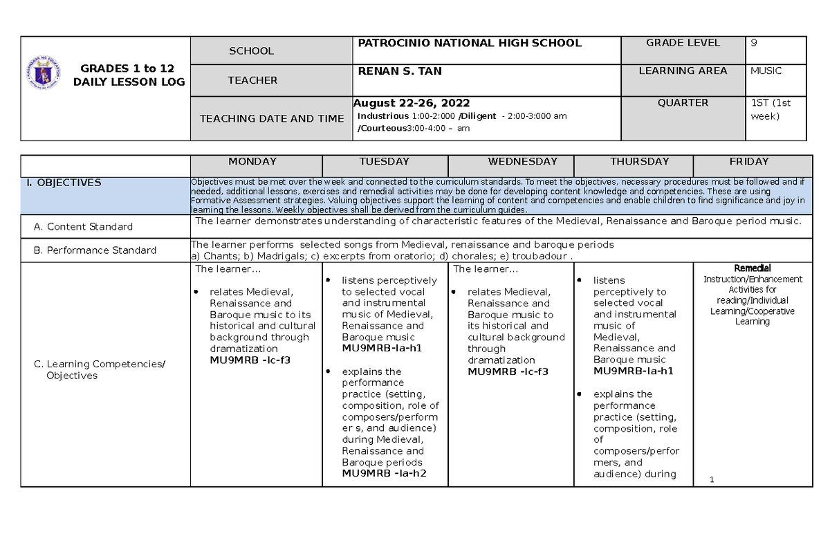 Week 1 - DLL - GRADES 1 to 12 DAILY LESSON LOG SCHOOL PATROCINIO ...
