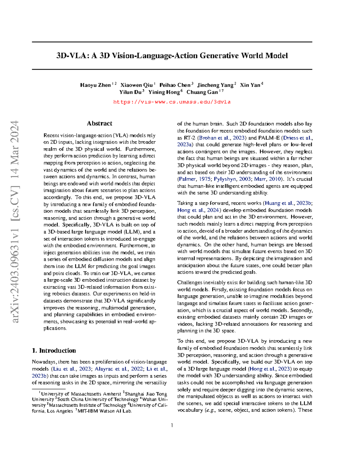 3D VLA - a paper - Haoyu Zhen 1 2 Xiaowen Qiu 1 Peihao Chen 3 Jincheng Yang 2 Xin Yan 4 Yilun Du ...