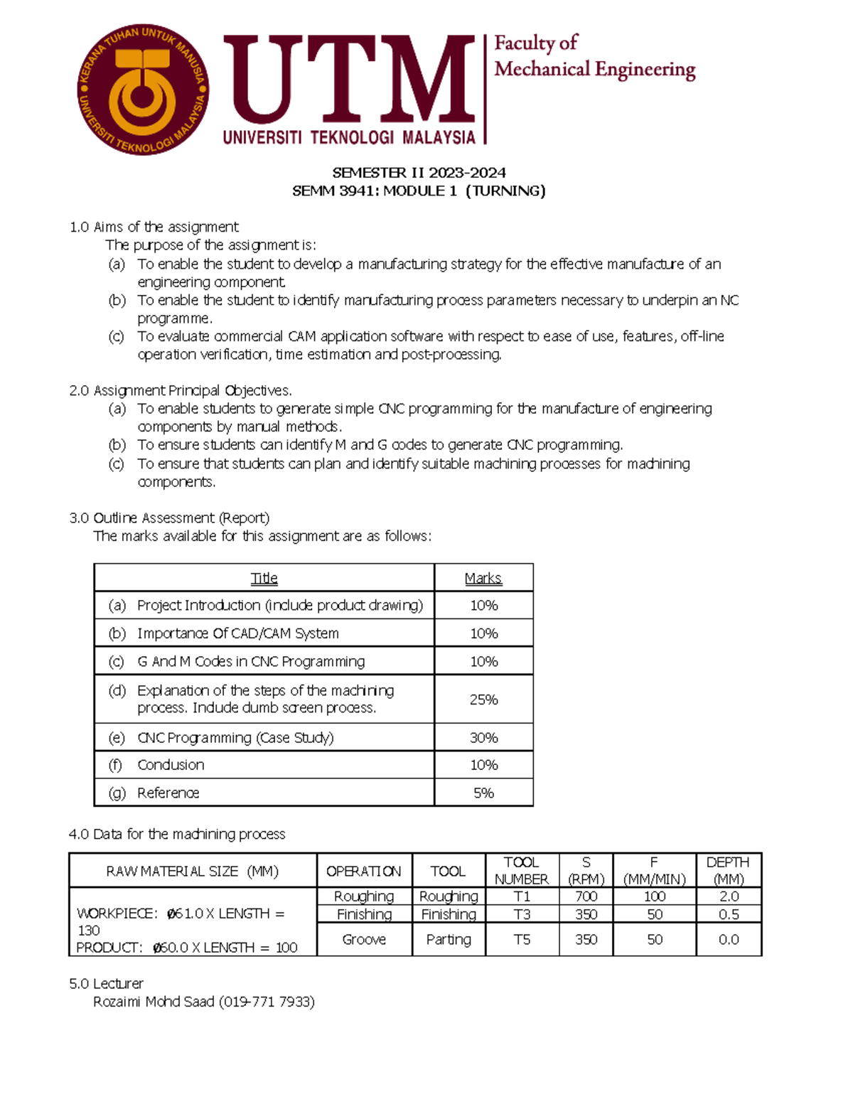 CNC coding practice instruction - SEMESTER II 2023- SEMM 3941: MODULE 1 ...