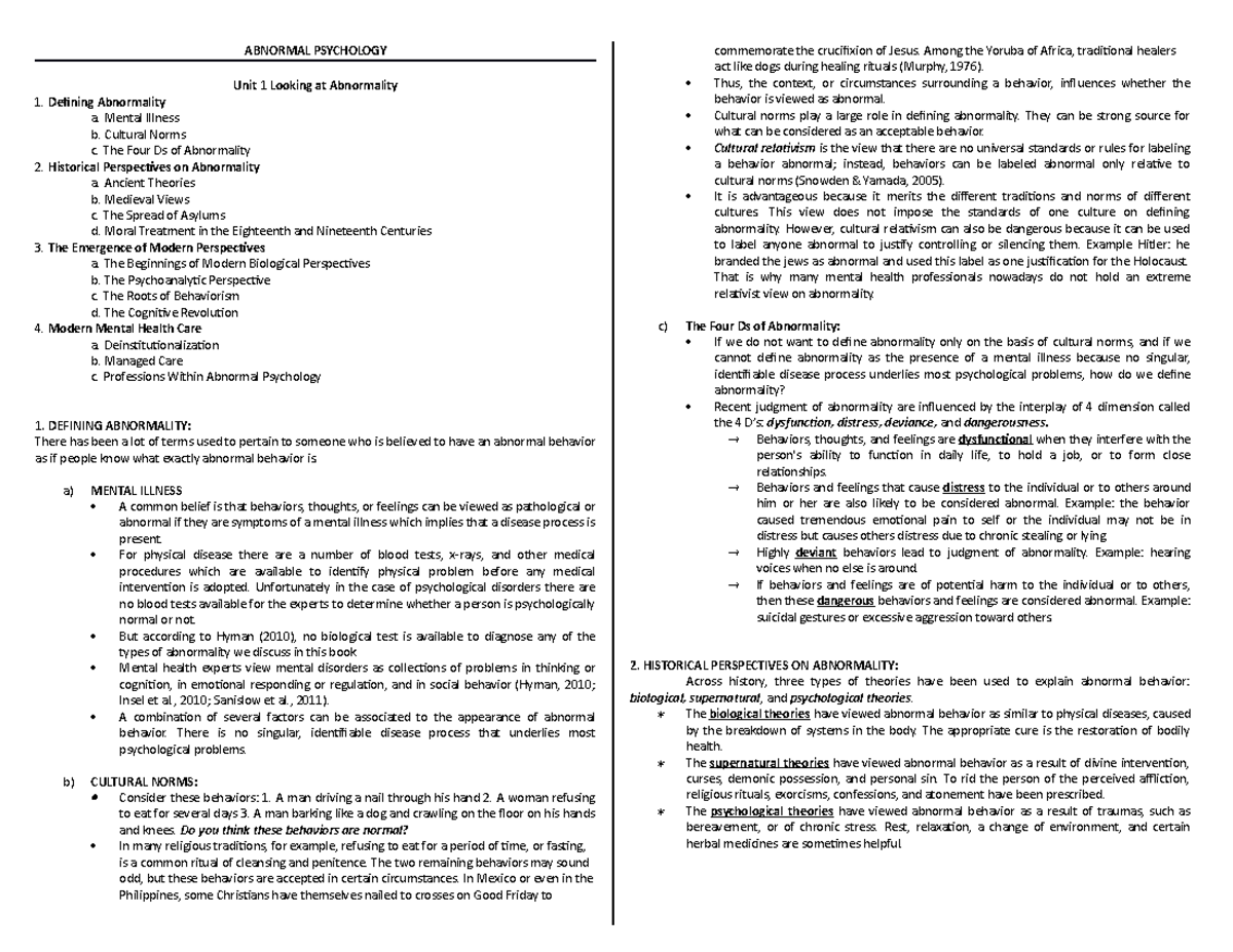 Summary of Abnormal Psychology Main Topics - ABNORMAL PSYCHOLOGY Unit 1 ...