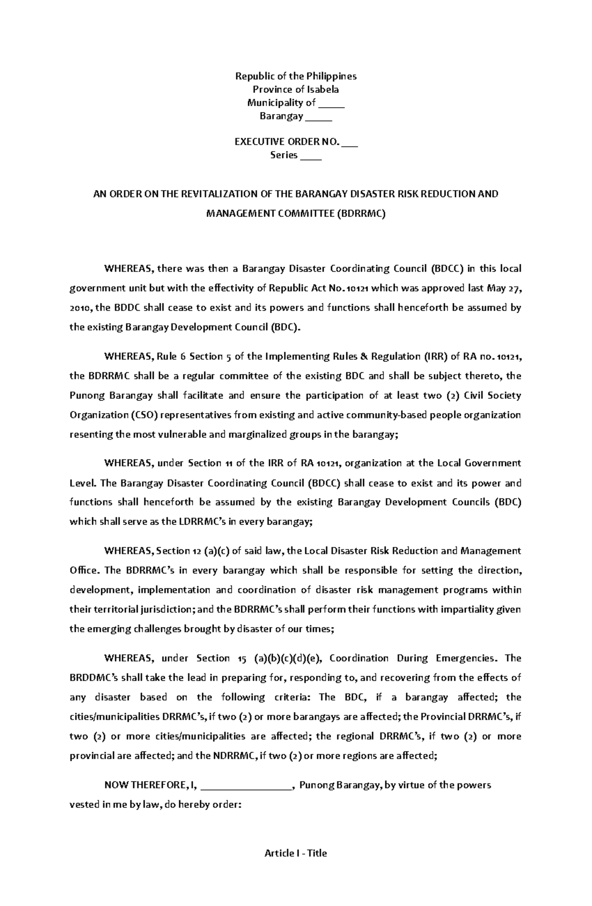 Bdrrmc-sample-EO - Summary structure english - Republic of the ...