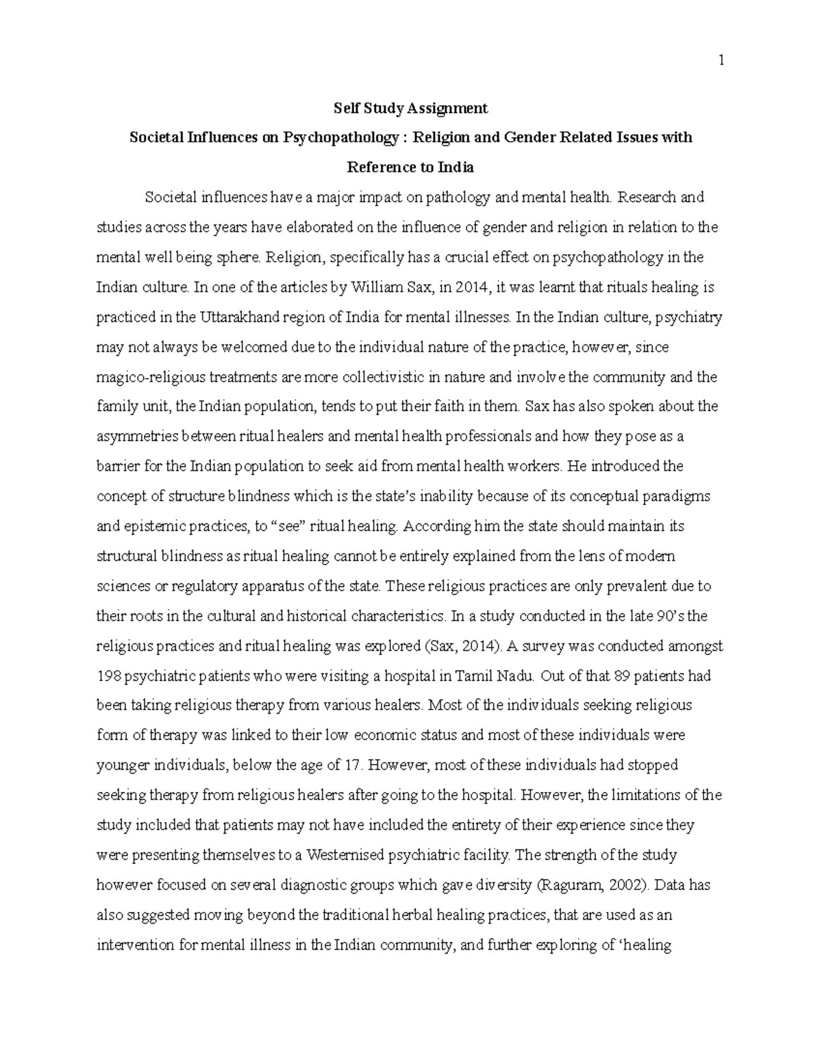 Societal Influences on Psychopathology - Self Study Assignment Societal Influences on - Studocu