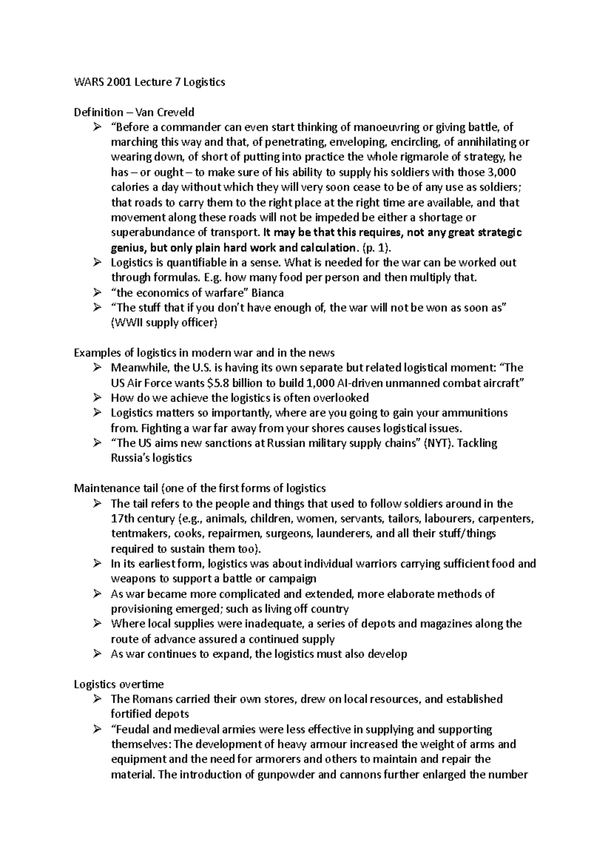 WARS 2001 Lecture 7 Logistics - WARS 2001 Lecture 7 Logistics Definition – Van Creveld “Before a ...