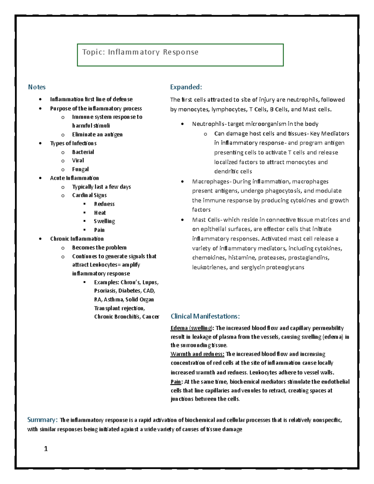 Cornell Notes- Insturcor lead Exam 2 Notes - • Topic: Inflammatory ...