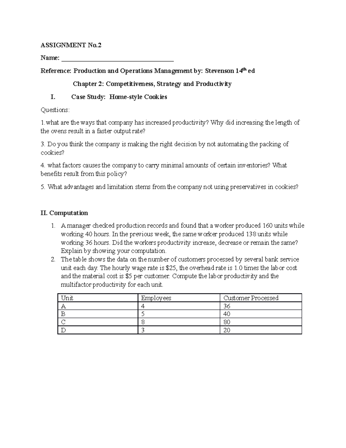 Chapter 2_Operations Management - ASSIGNMENT No. Name ...