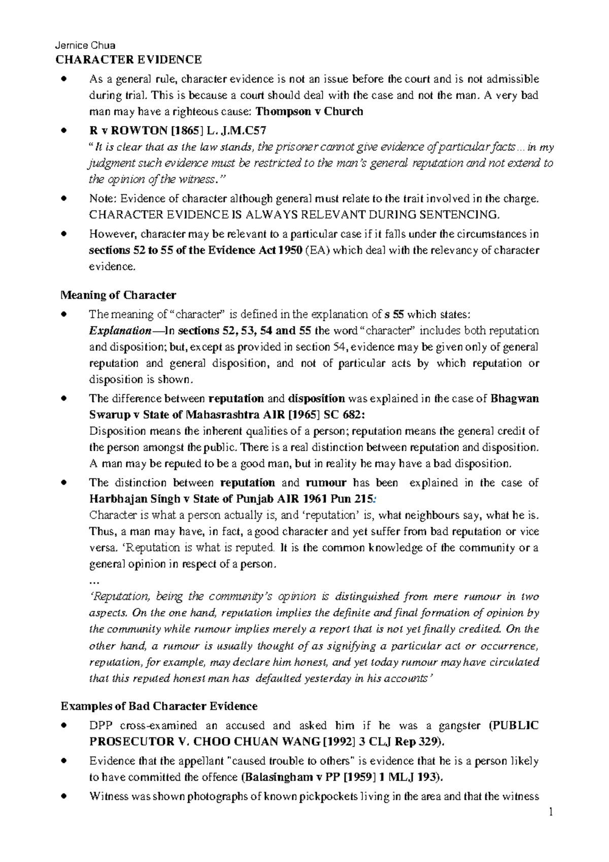 Character Evidence - Lecture notes 2 - CHARACTER EVIDENCE • As a ...