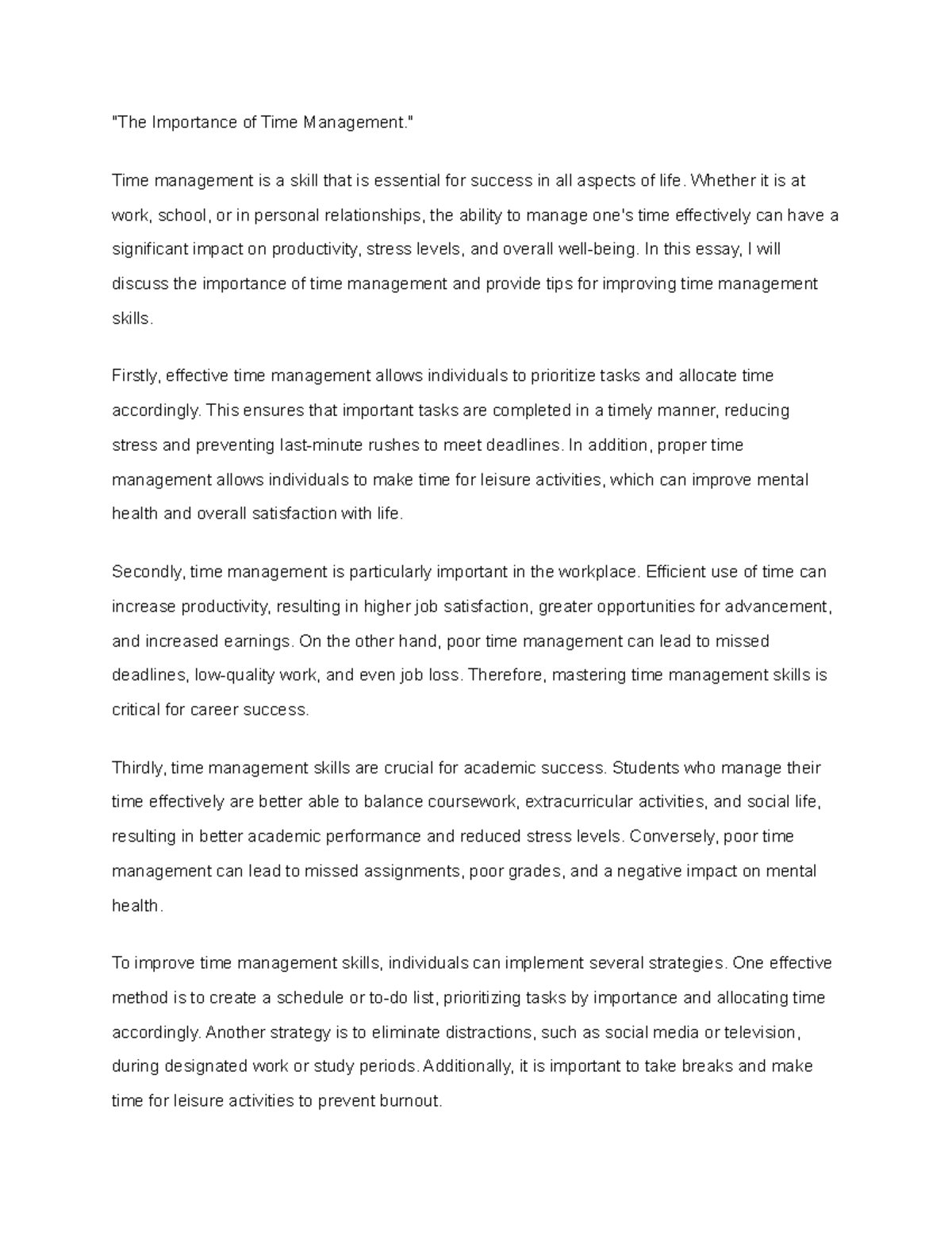 "The Importance of Time Management - " Time management is a skill that ...