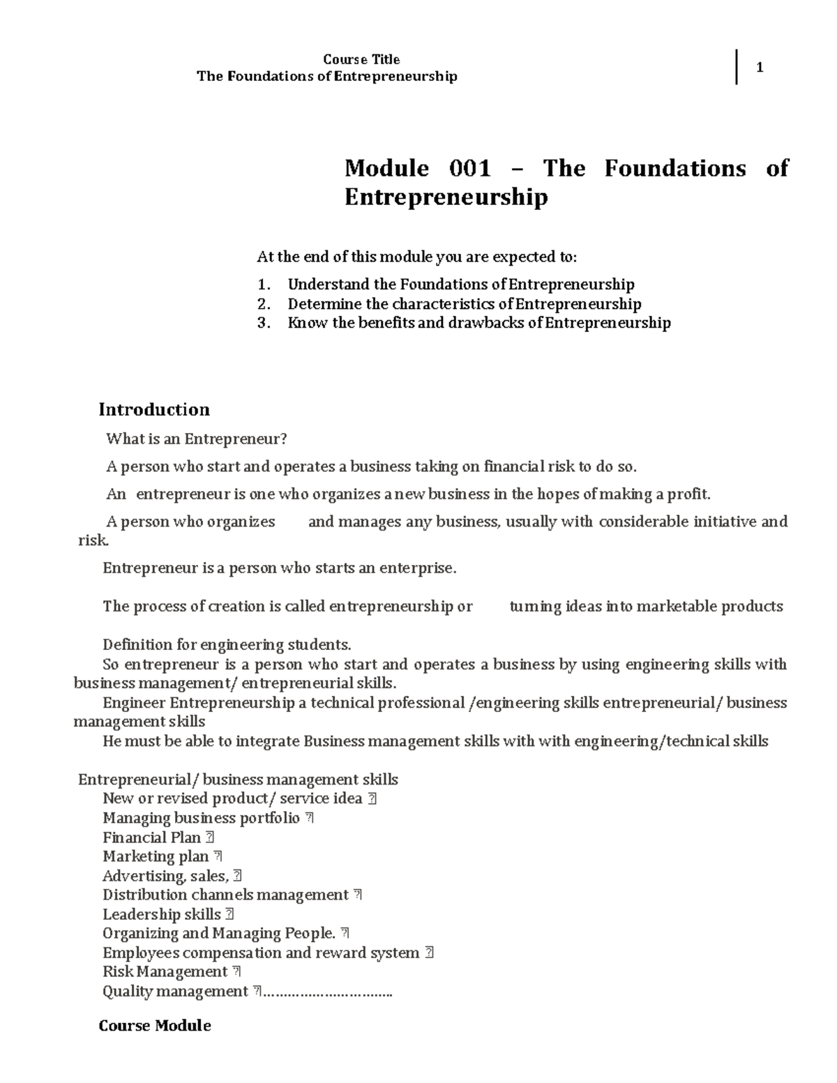 Module 001 The Foundations of Entrepreneurship - The Foundations of Entrepreneurship 1 Module ...