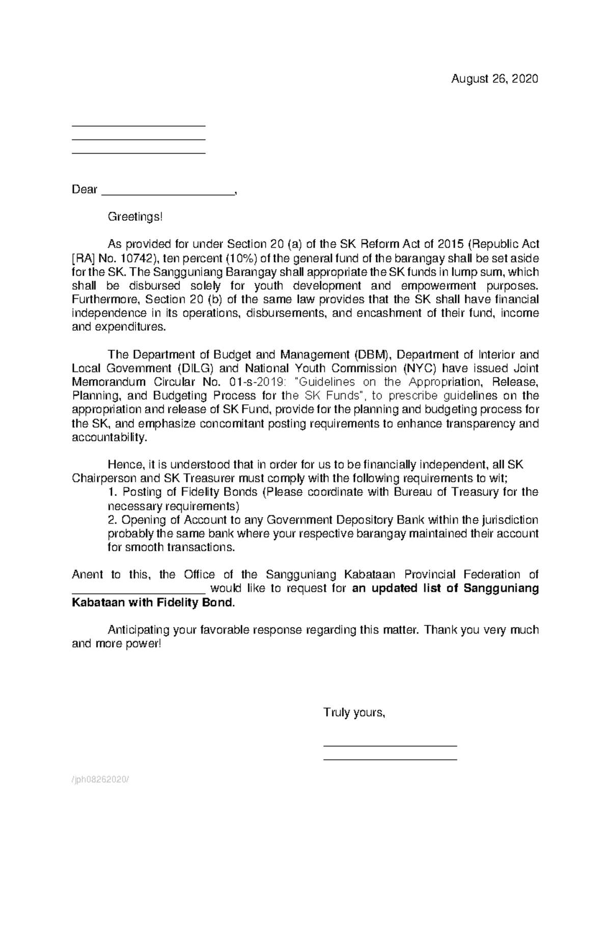 BOT Fidelitybond SK Sample Letter Request Letter Fidelity Bond