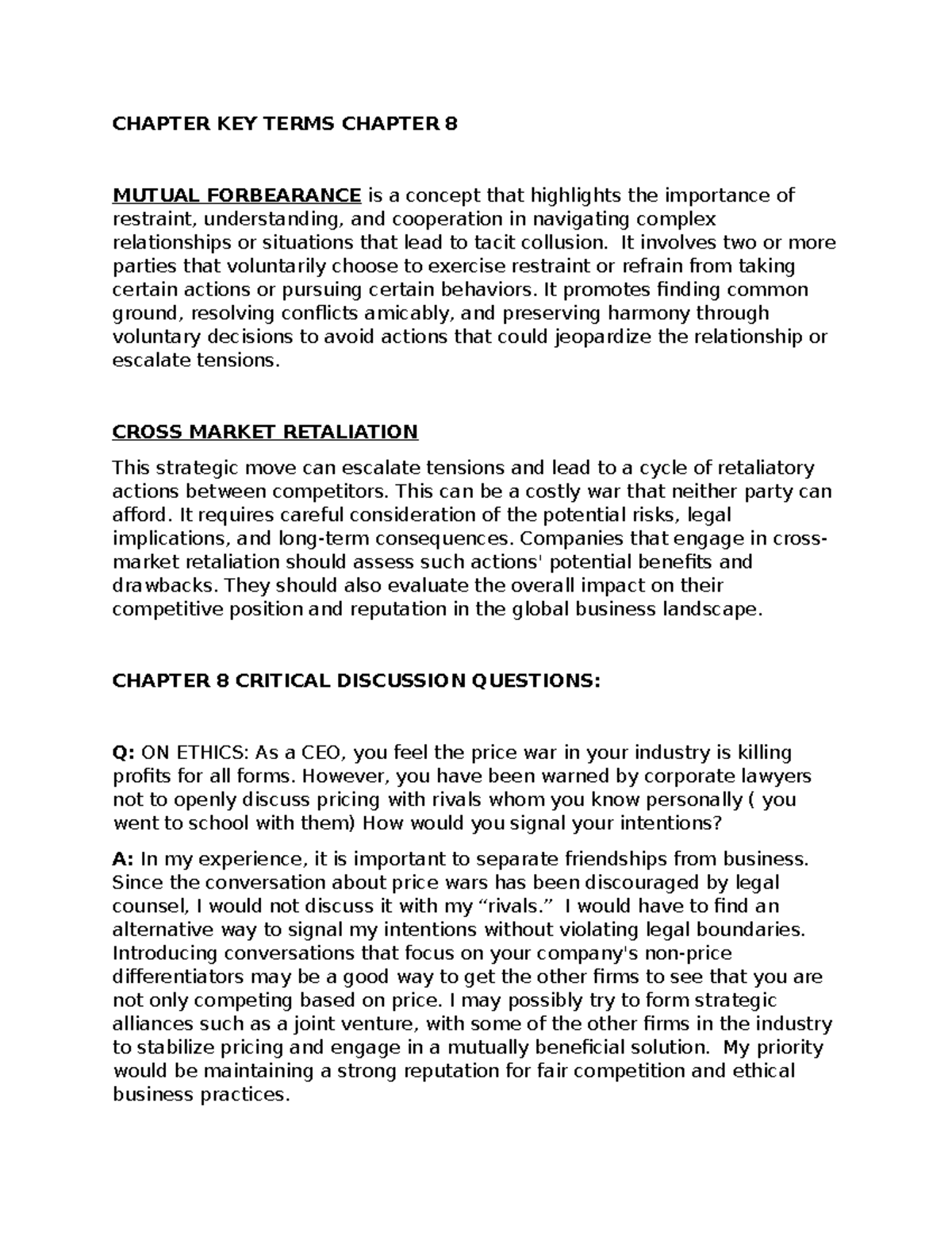Chapter 8 KEY Terms AND Critical Questions - CHAPTER KEY TERMS CHAPTER 8 MUTUAL FORBEARANCE is a ...