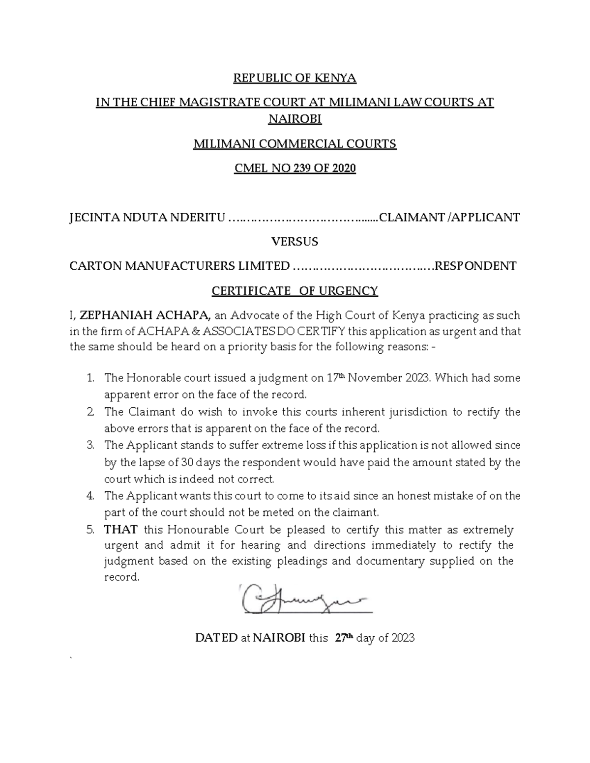 Application for Review of Judgement - IN THE CHIEF MAGISTRATE COURT AT ...