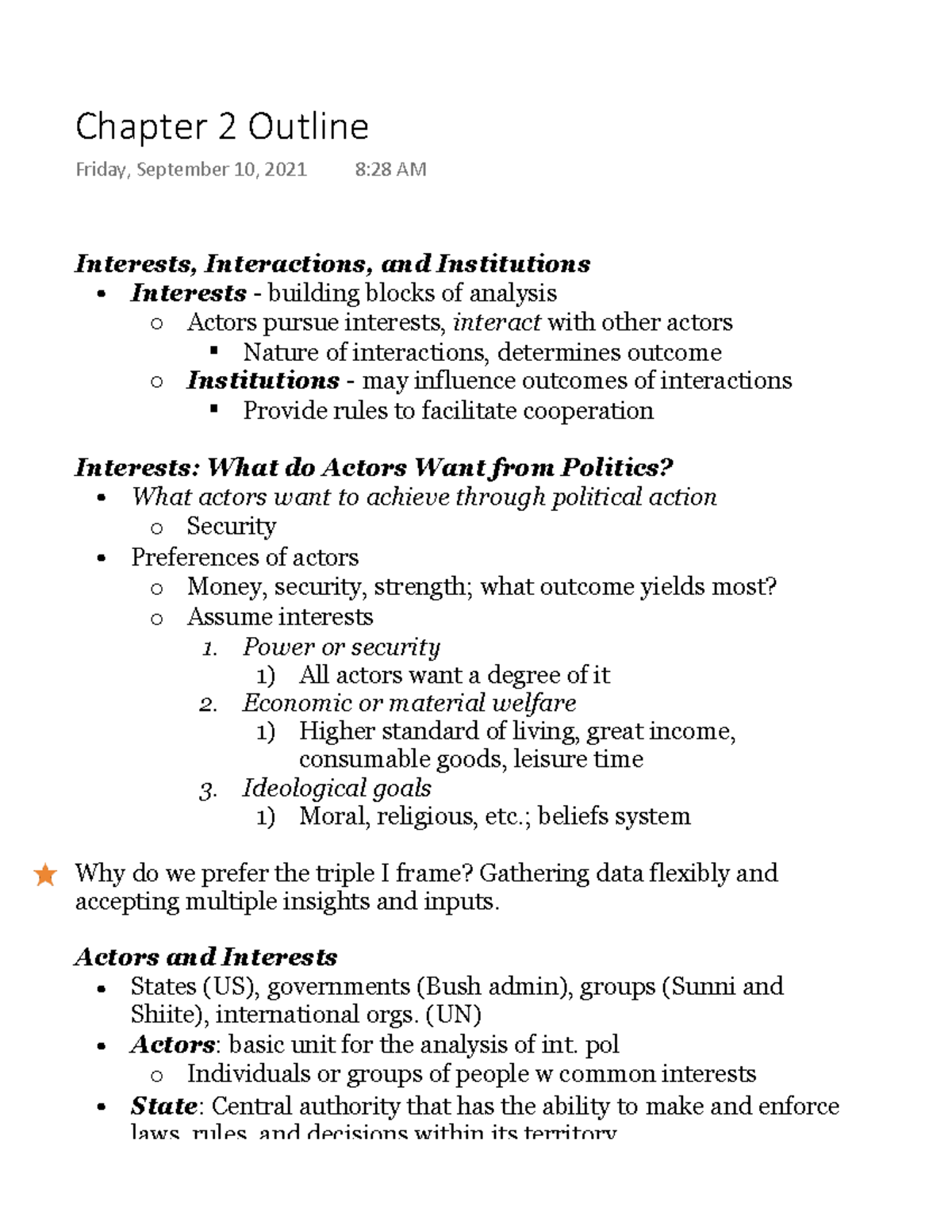 Chapter 2 Outline - Interests, Interactions, and Institutions Interests ...