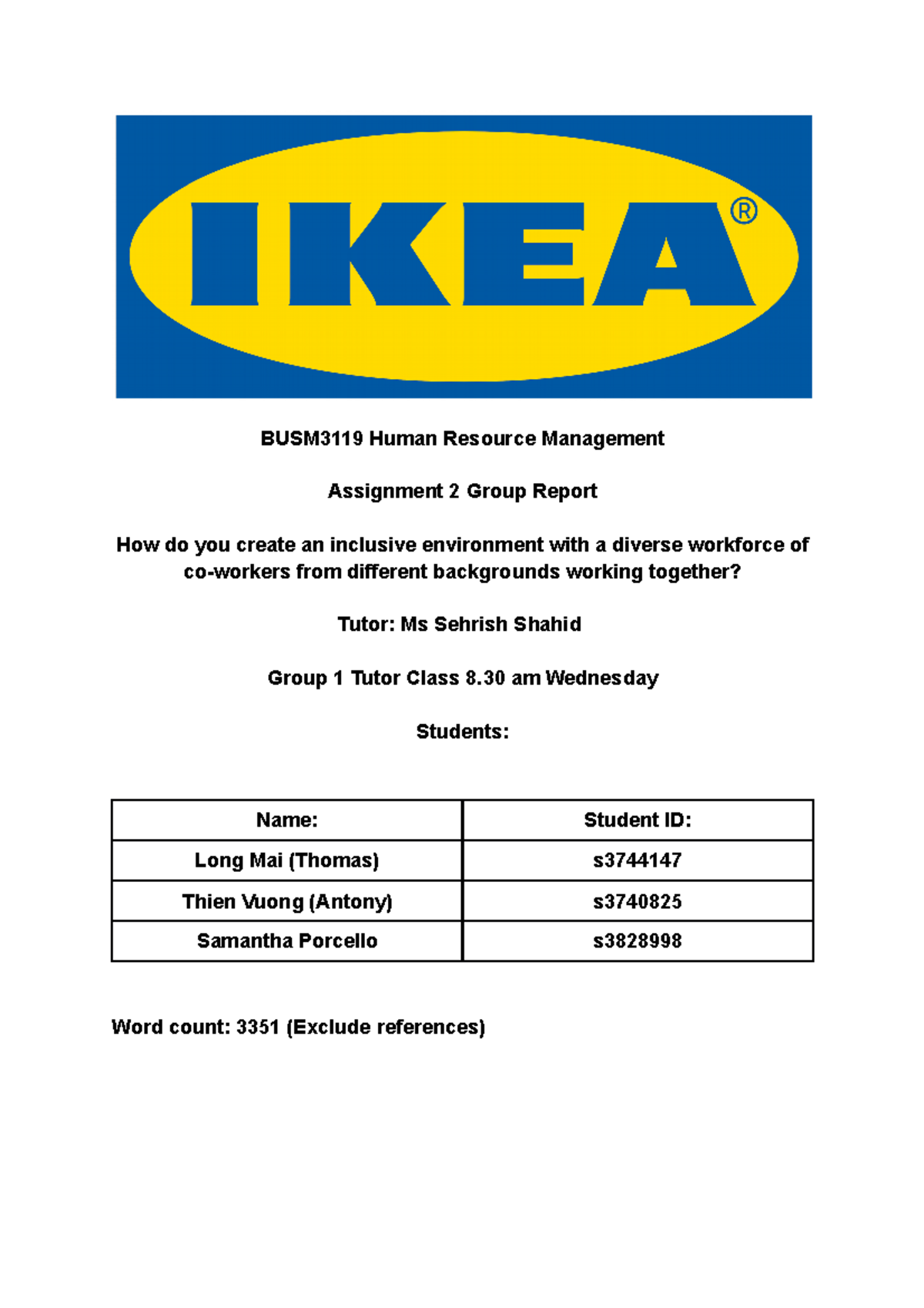 IKEA Group Report Assignment 2 - BUSM3119 Human Resource Management Assignment 2 Group Report ...