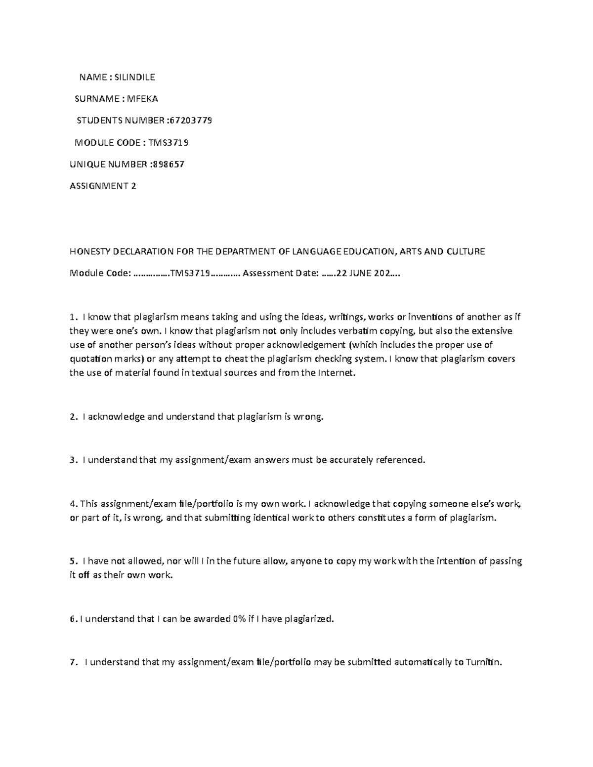 Tms3719 assignment 2 67203779 - NAME : SILINDILE SURNAME : MFEKA ...