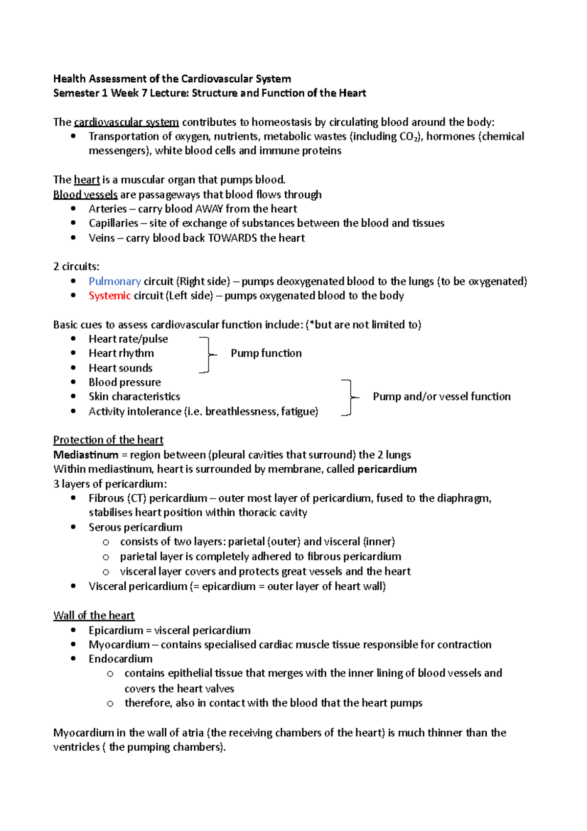 Structure and Function of the Heart lecture notes - Health Assessment ...