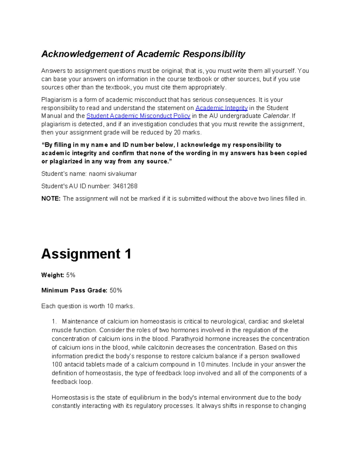 Assignment 1 A&P - here you go - Acknowledgement of Academic ...