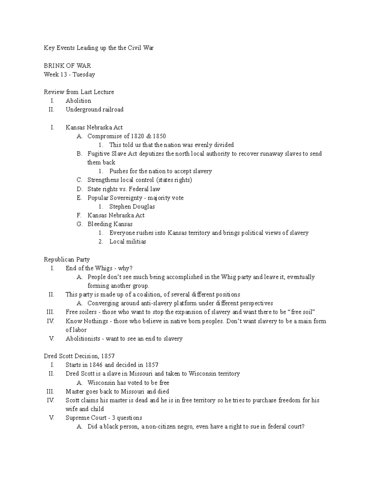 HIST 170A Lecture 11 14 17 - Key Events Leading up the the Civil War ...