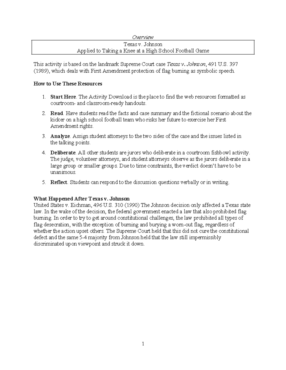 Texasvjohnsonactivitydownload - Overview Texas v. Johnson Applied to ...