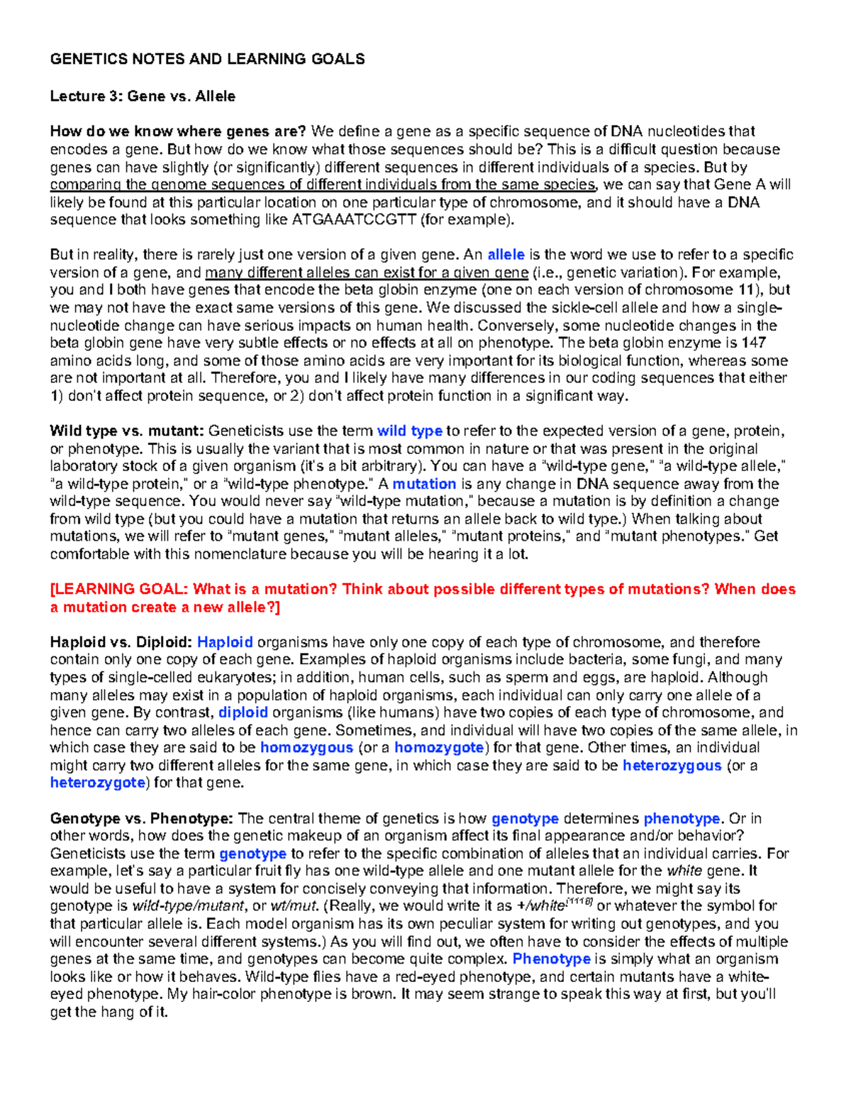 Genetics notes 3 - GENETICS NOTES AND LEARNING GOALS Lecture 3: Gene vs ...