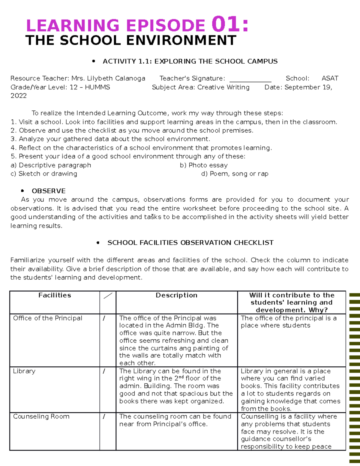 FS1 Learning Episode 01 - LEARNING EPISODE 01: THE SCHOOL ENVIRONMENT ...