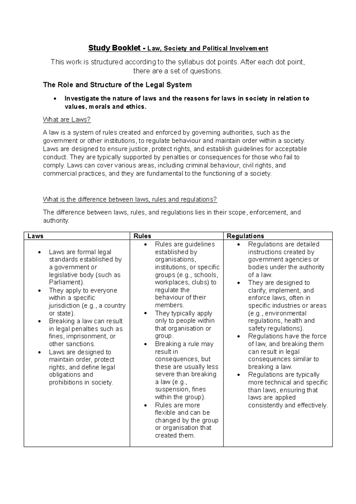 Law society and political involvment - Study Booklet - Law, Society and ...