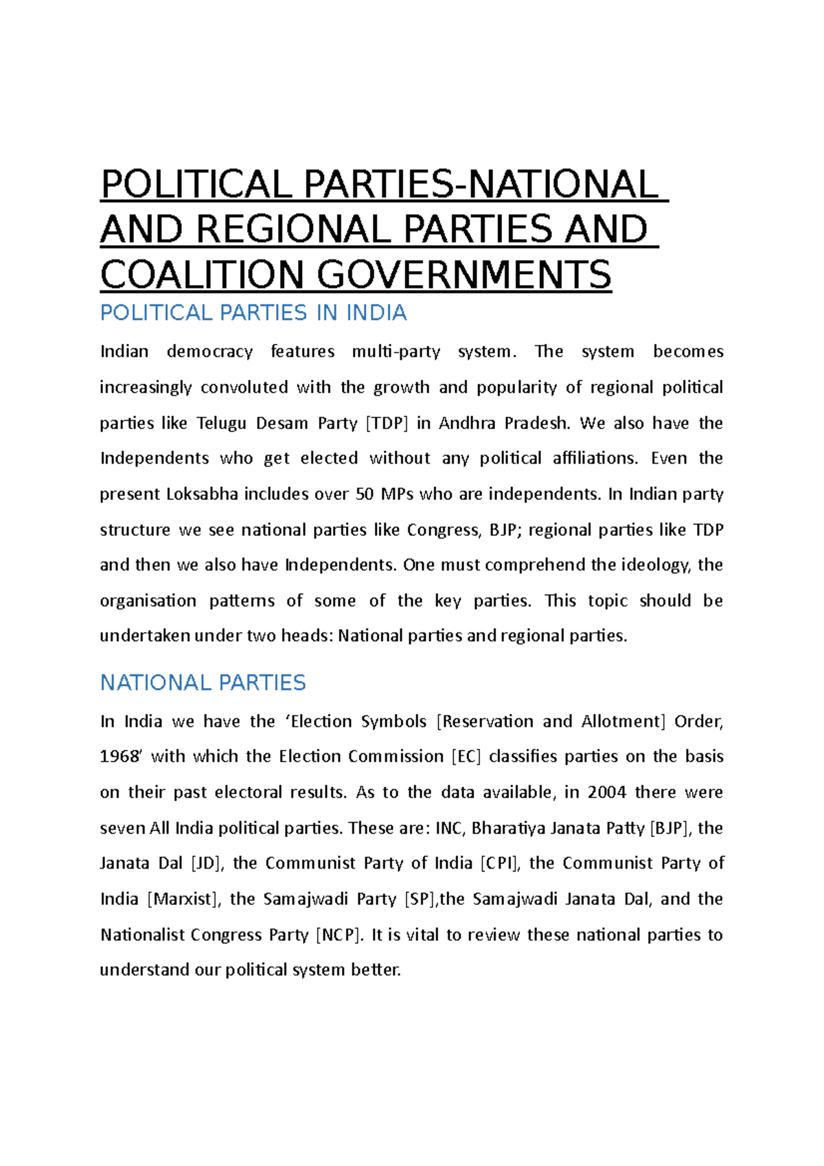 Political Parties- National AND Regional Parties AND Coalition ...