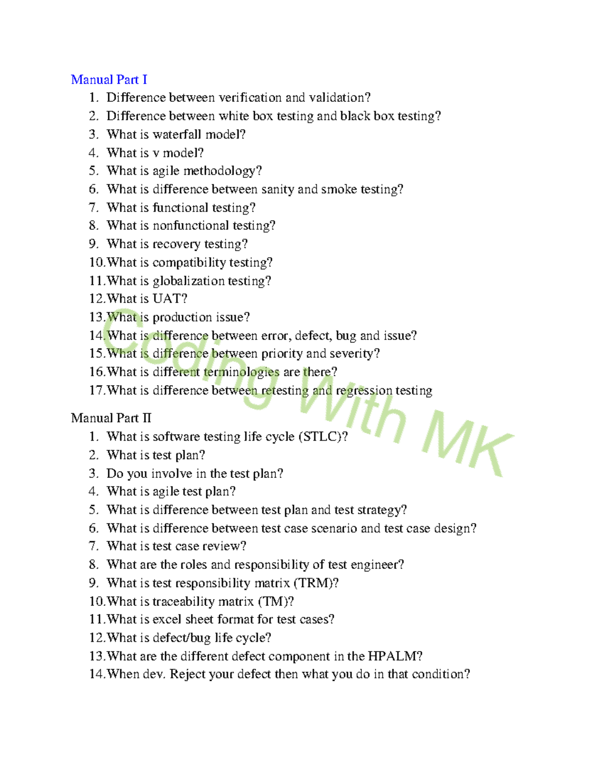 Manual Part Imp Questions - Manual Part I 1. Difference between ...