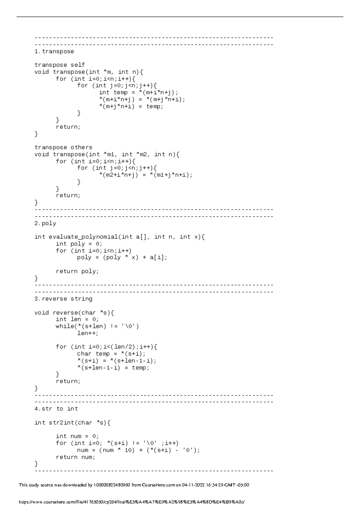 CODE ALL Combined - FINAL EXAM REVIEW - 1 transpose self void transpose(int *m, int n){ for (int ...