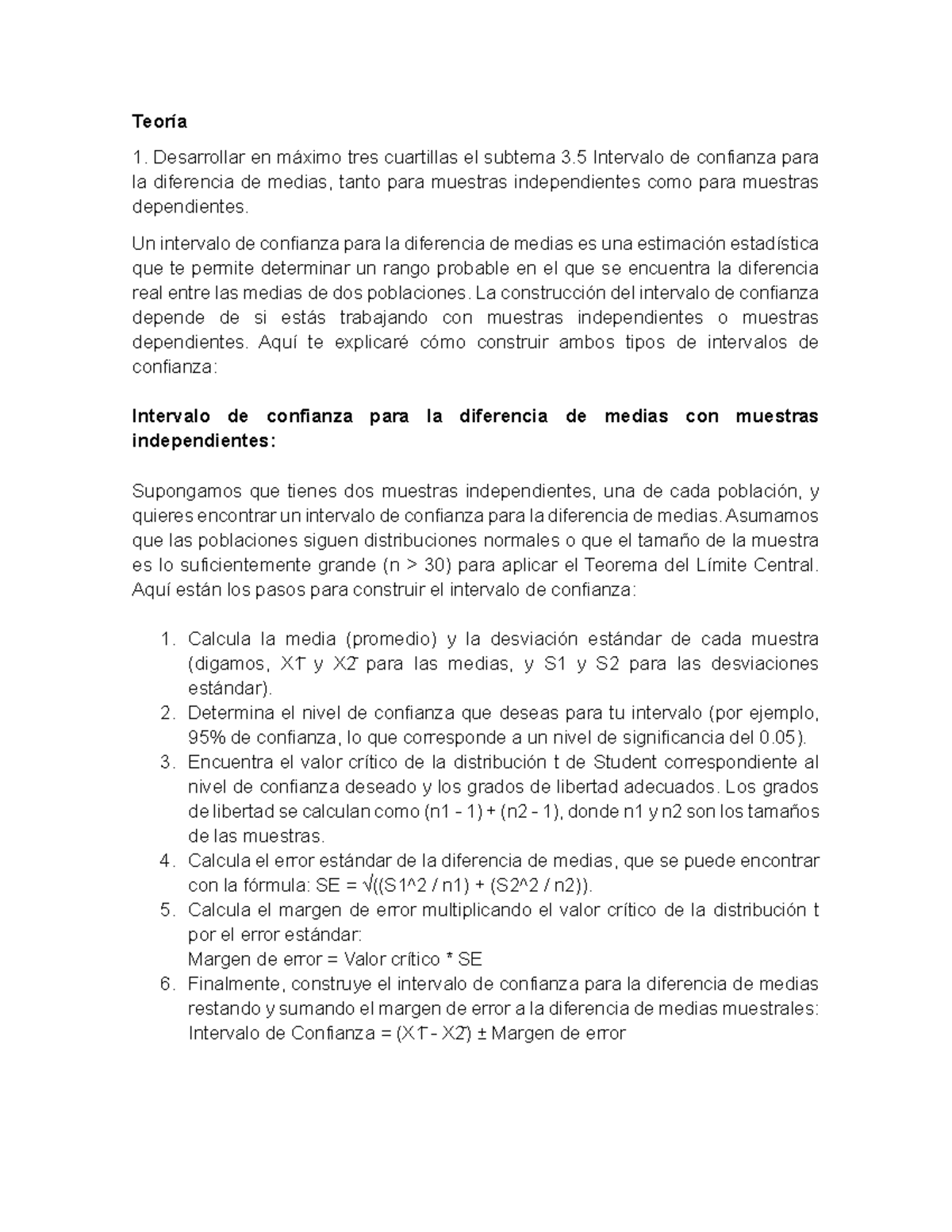 Trabajo Segundo Departamental- Estadistica - Teoría Desarrollar en ...