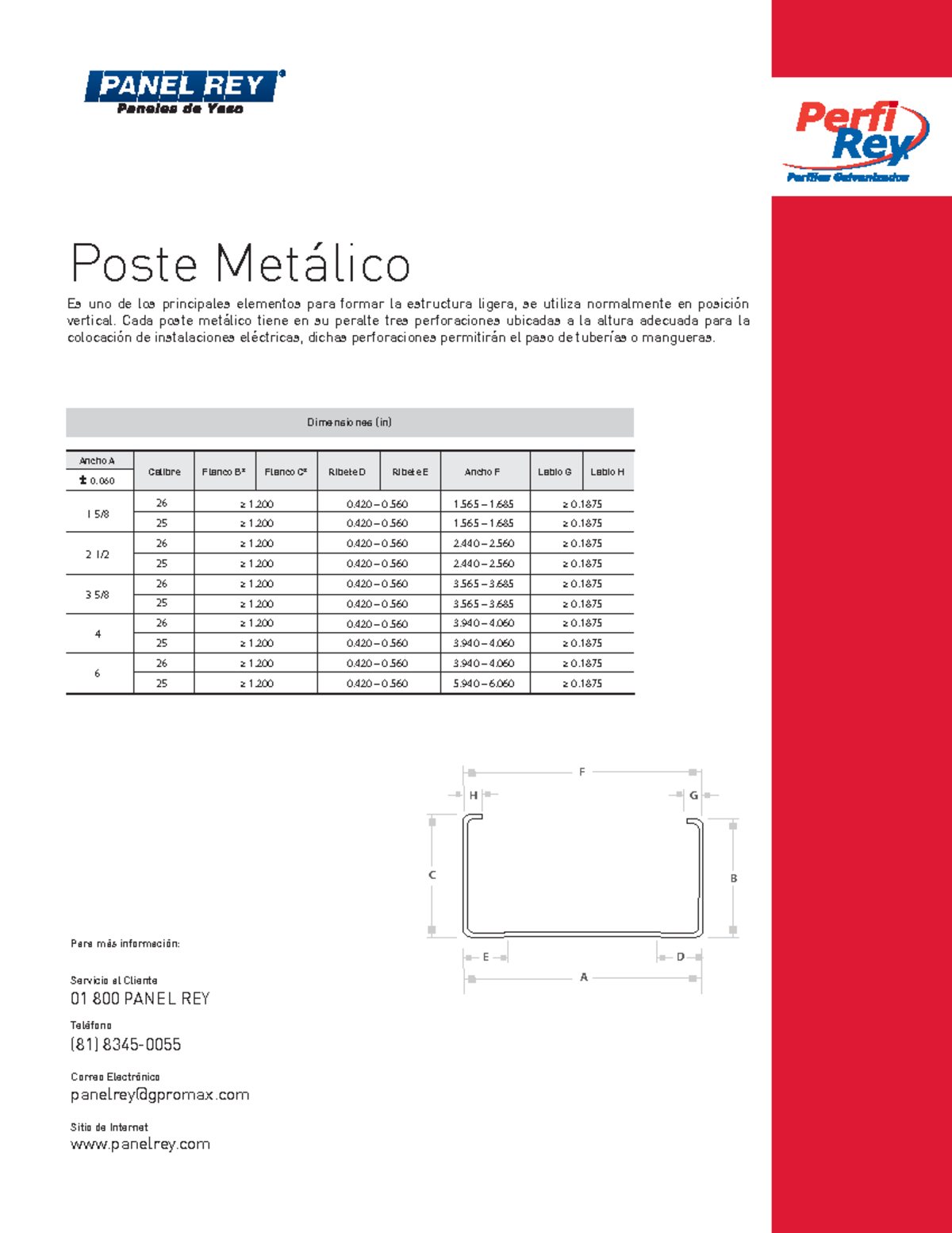 Ficha tecnica poste metalico perfirey 9 - Calibre Flanco B* Flanco C ...