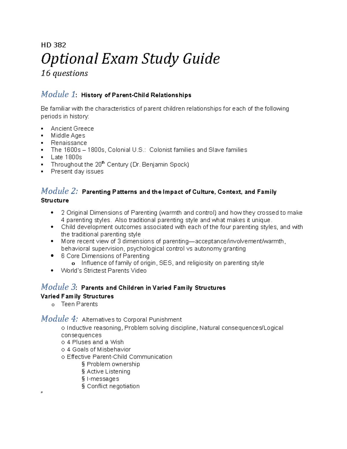 HD 382 Optional Exam Study Guide Spring 2018 - HD 382 Optional Exam ...