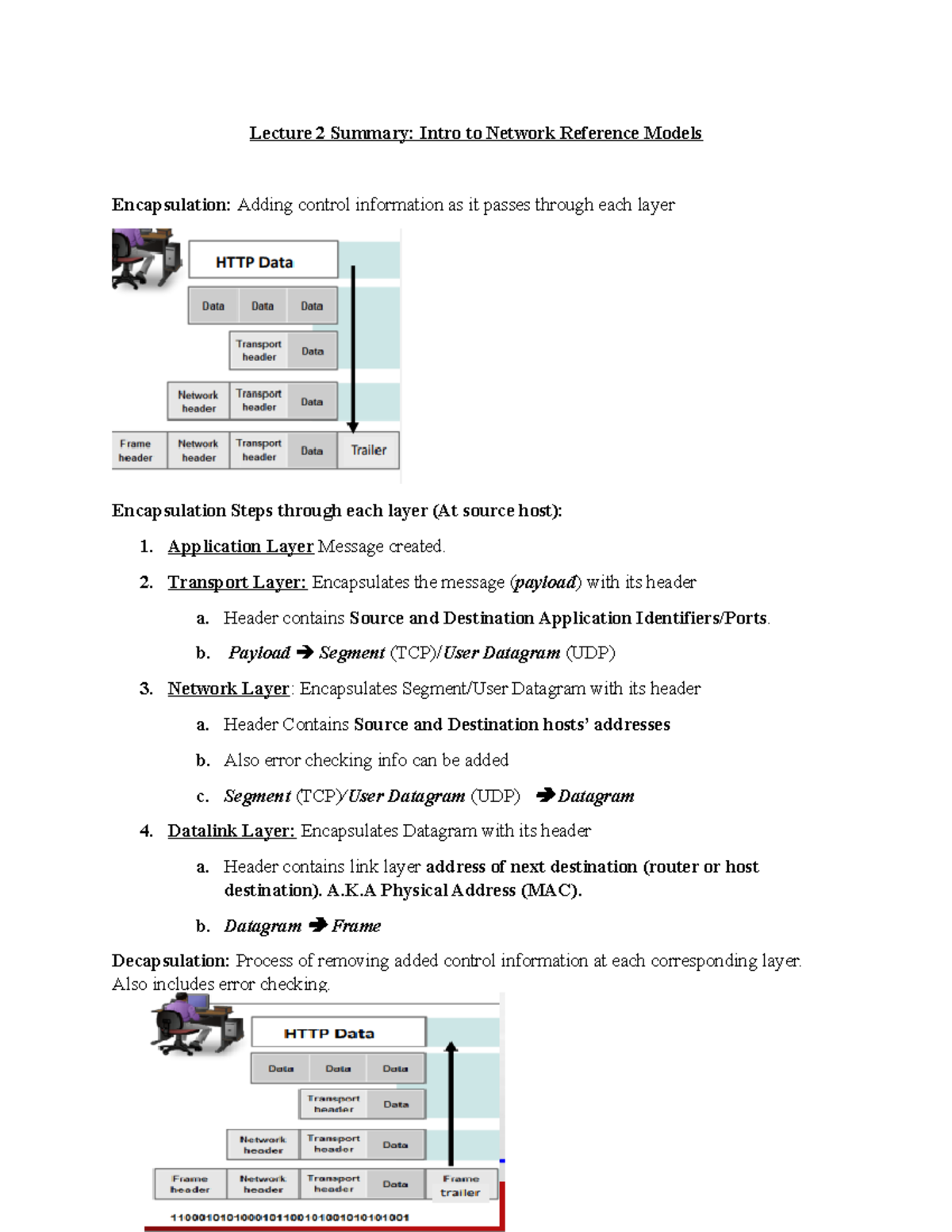Lecture 2 summary - Lecture 2 Summary: Intro to Network Reference Models Encapsulation: Adding ...