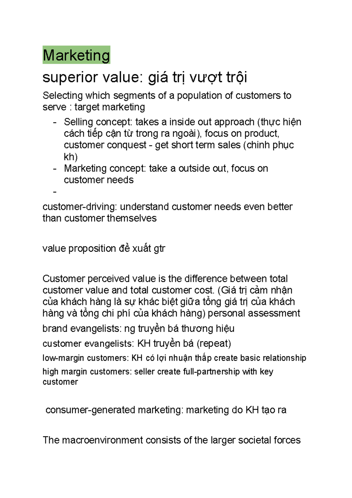 Chapter 1 summary - Marketing superior value: giá trị vượt trội ...