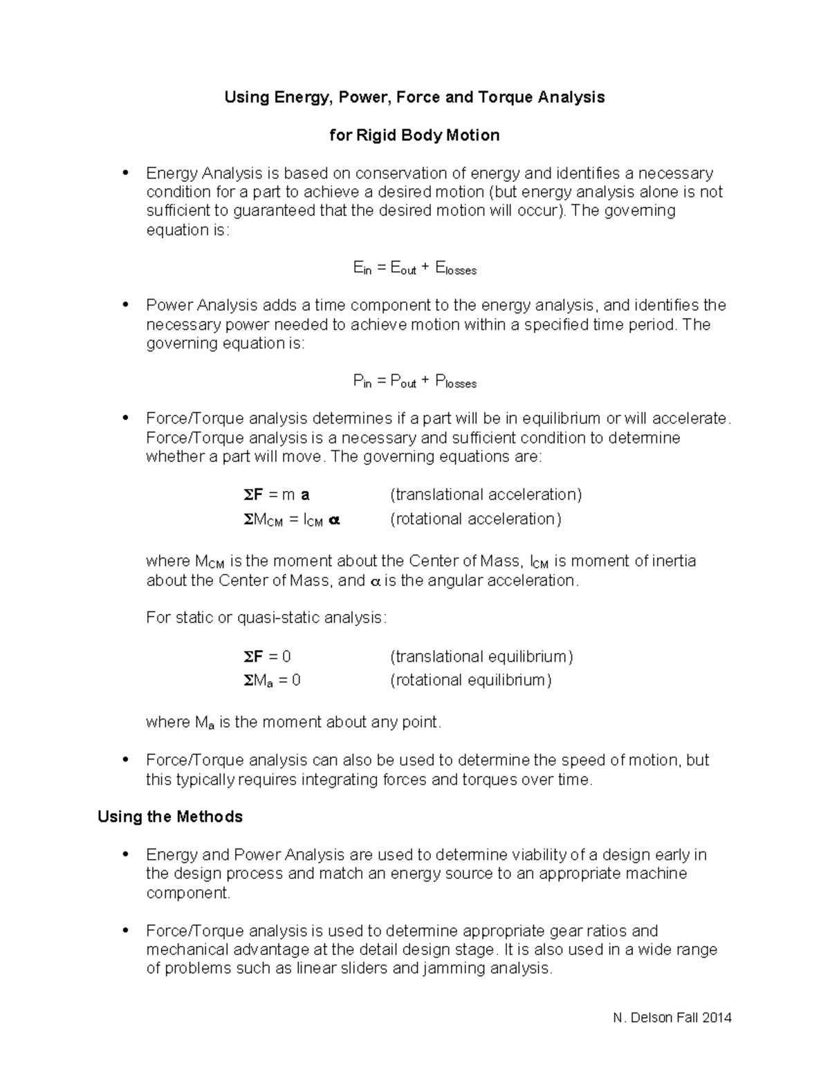 L8 - FBD handout - physics - N. Delson Fall 2014 Using Energy, Power ...