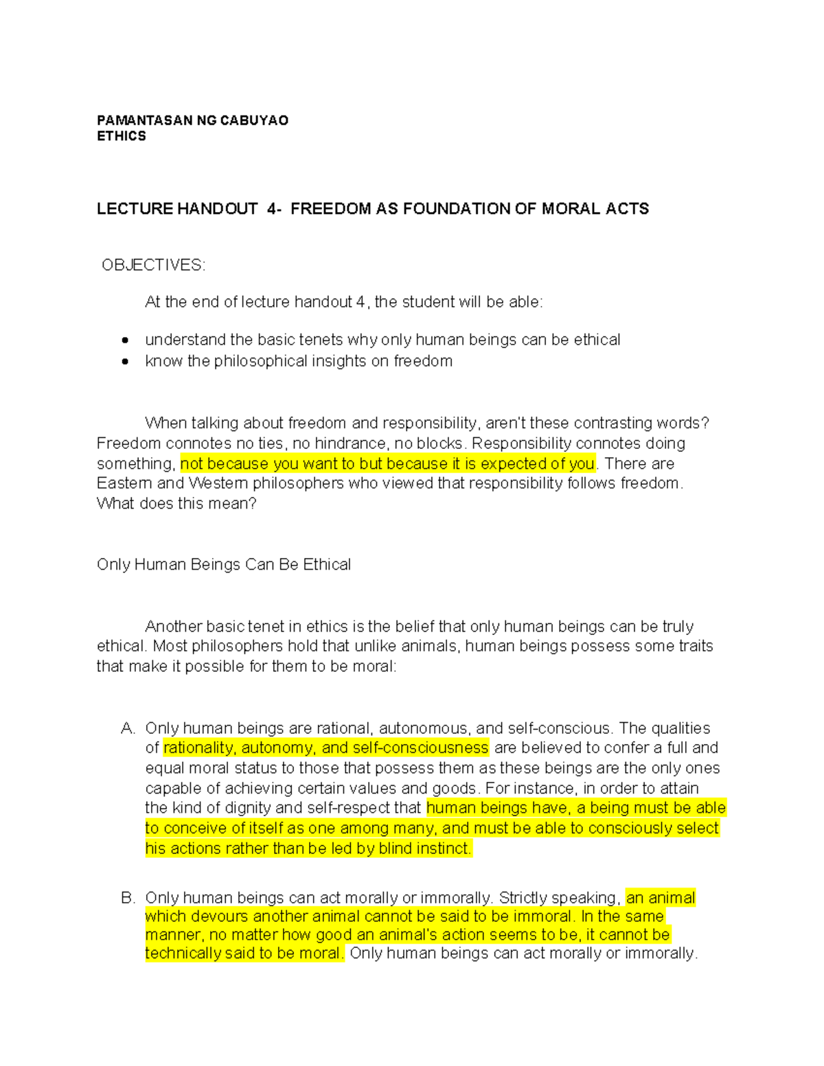 Ethics - PAMANTASAN NG CABUYAO ETHICS LECTURE HANDOUT 4- FREEDOM AS FOUNDATION OF MORAL ACTS ...