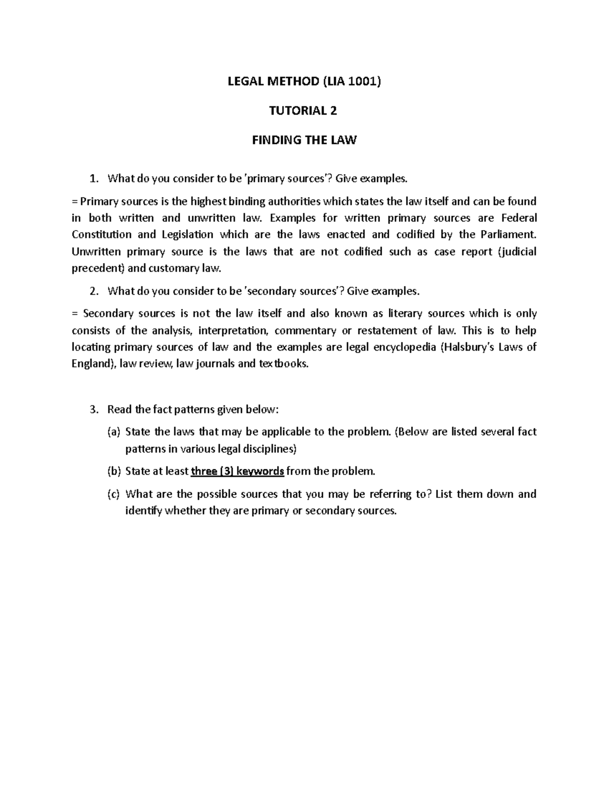 Tutorial 2 Sources for legal research (updated 2021) - LEGAL METHOD (LIA 1001) TUTORIAL 2 ...