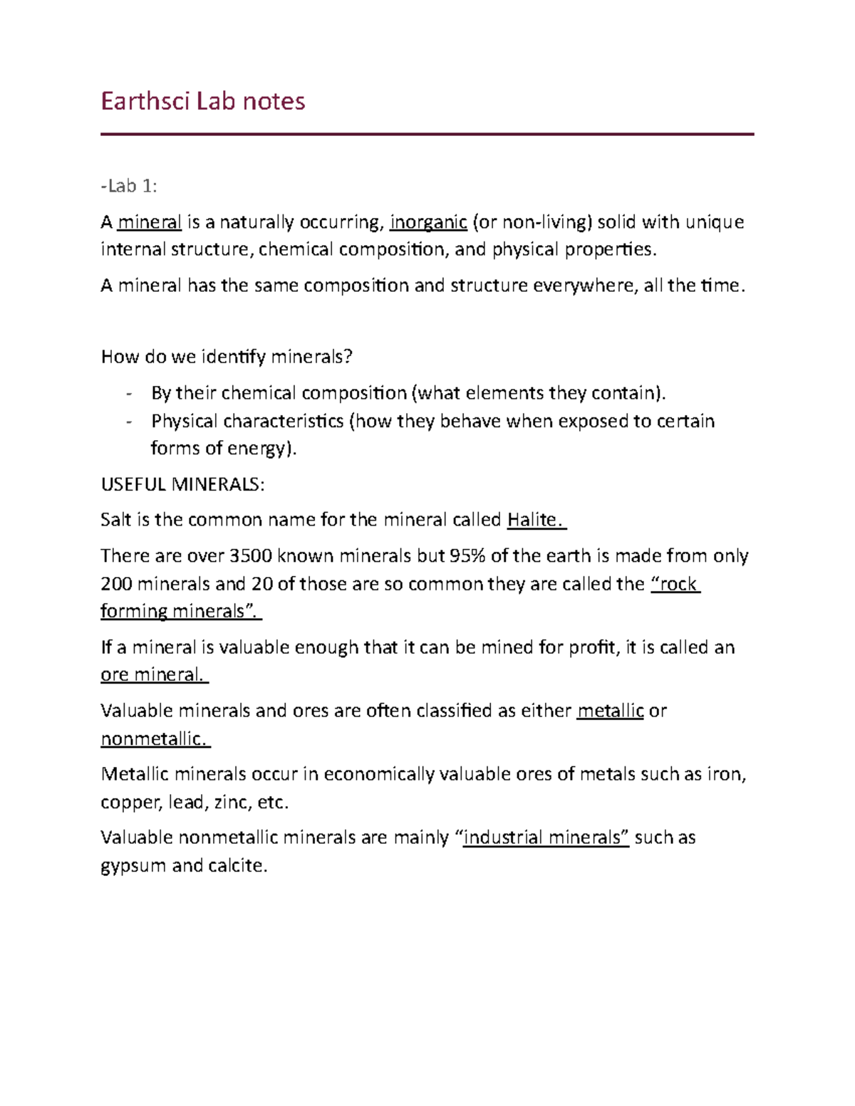 Earthsci Lab notes - Earthsci Lab notes -Lab 1: A mineral is a ...