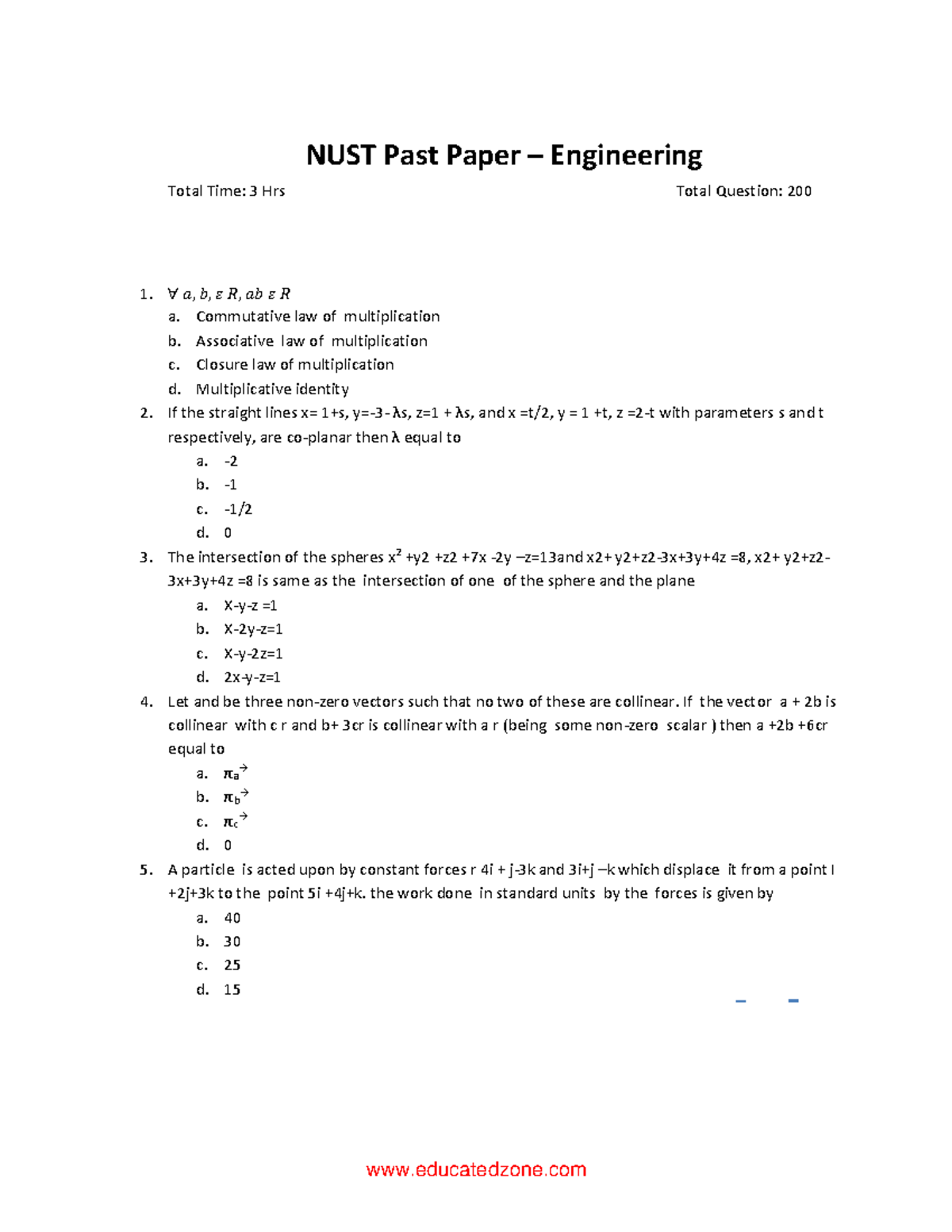 NUST Engineering Pastpaper 5(educatedzone - NUST Past Paper ...